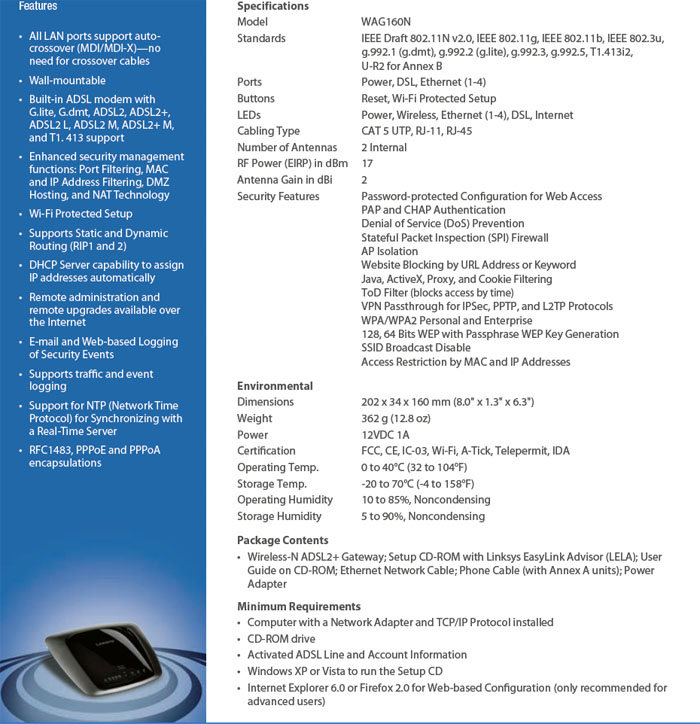 Buy Linksys WAG160N Ultra RangePlus Wireless-N ADSL2+ Modem Router ...