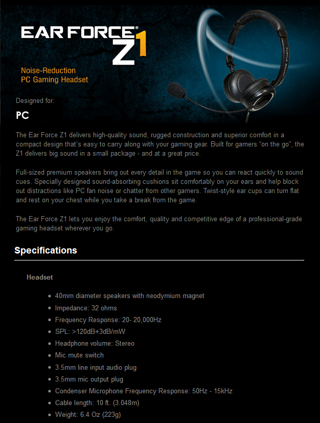 Buy Turtle Beach Ear Force Z1 HP Headset PC [TB-0045] | PC Case Gear ...